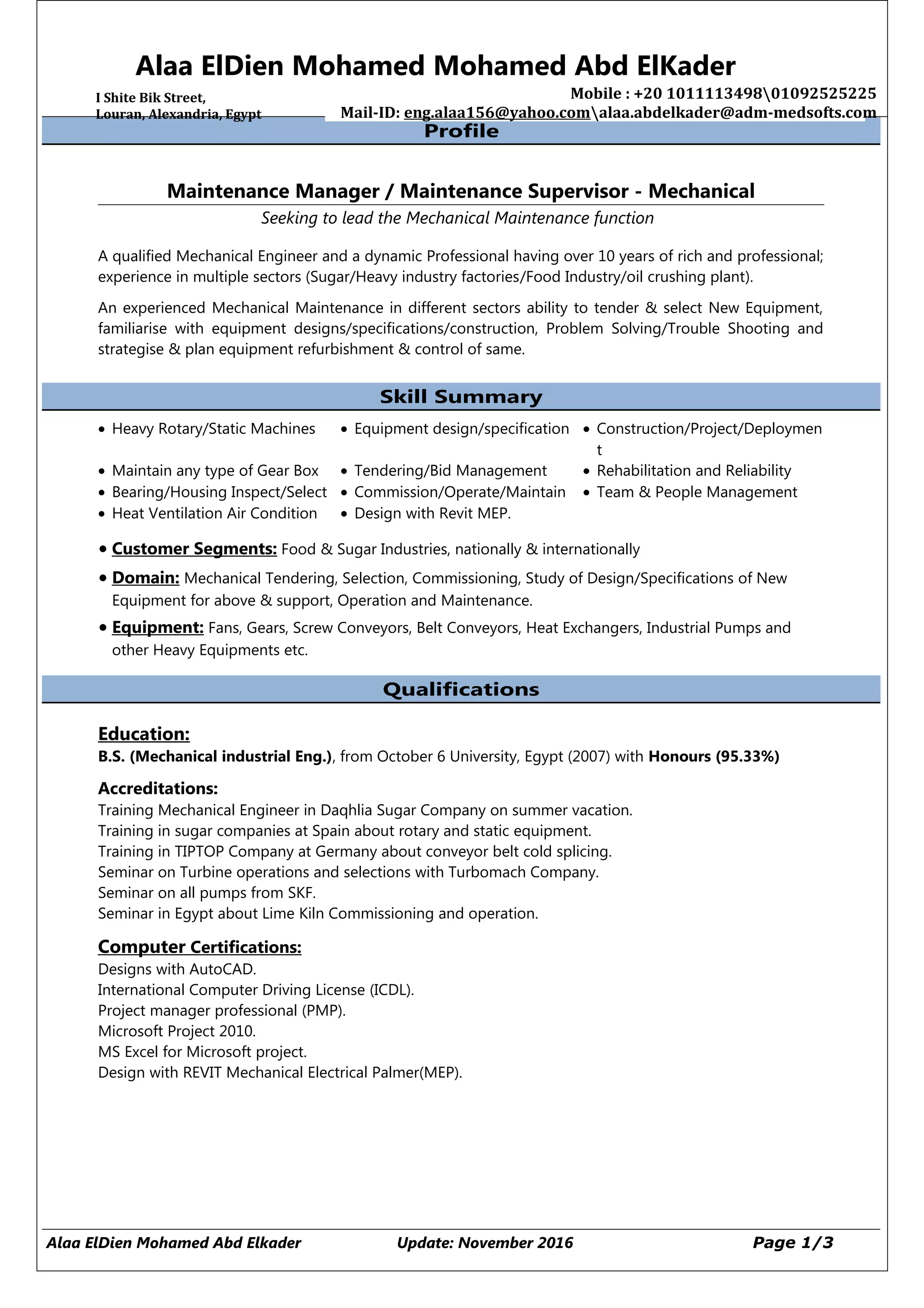 CV(Mechanical maintenance Engineer-project Manager)Alaa Abd ElKader - Last update | DOC