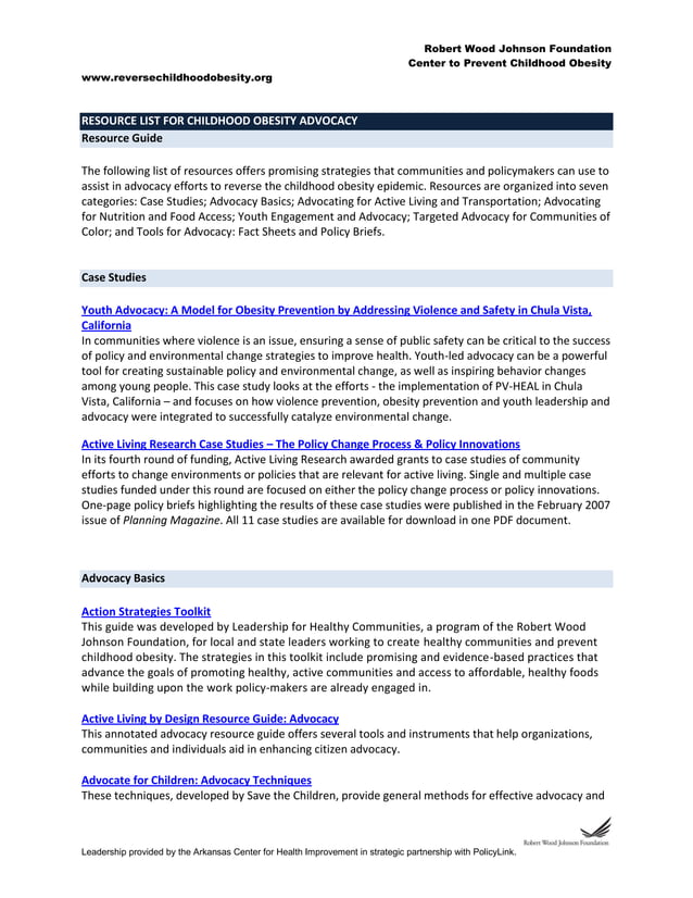 Childhood Obesity Resource List | PDF