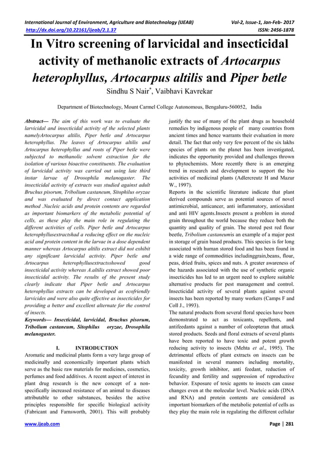 in vitro screening of larvicidal and insecticidal activity of methanolic extracts | PDF