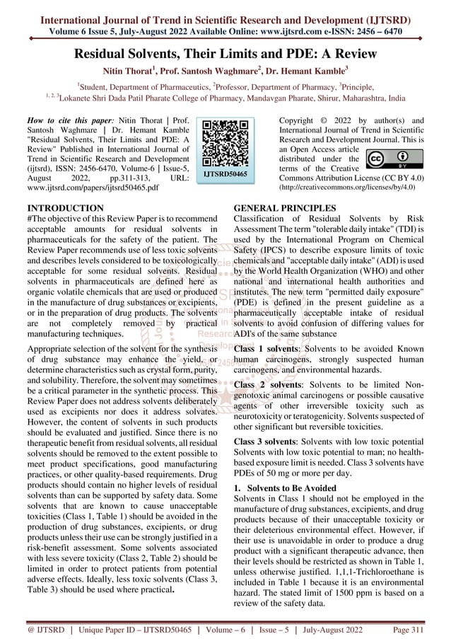 Residual Solvents, Their Limits and PDE A Review | PDF