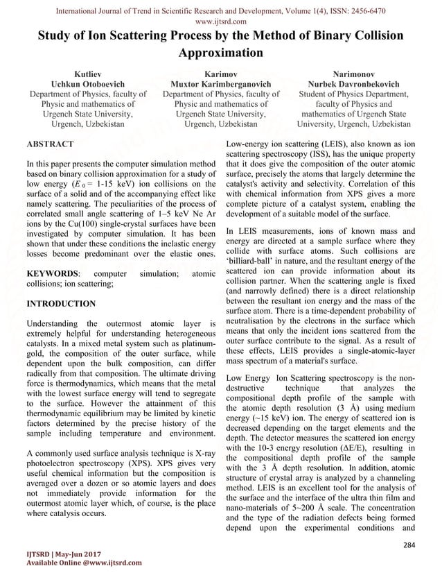 Study of Ion Scattering Process by the Method of Binary Collision Approximation | PDF