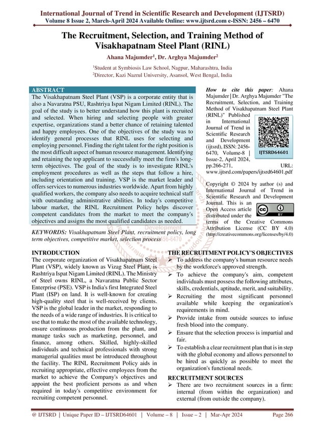 The Recruitment, Selection, and Training Method of Visakhapatnam Steel ...
