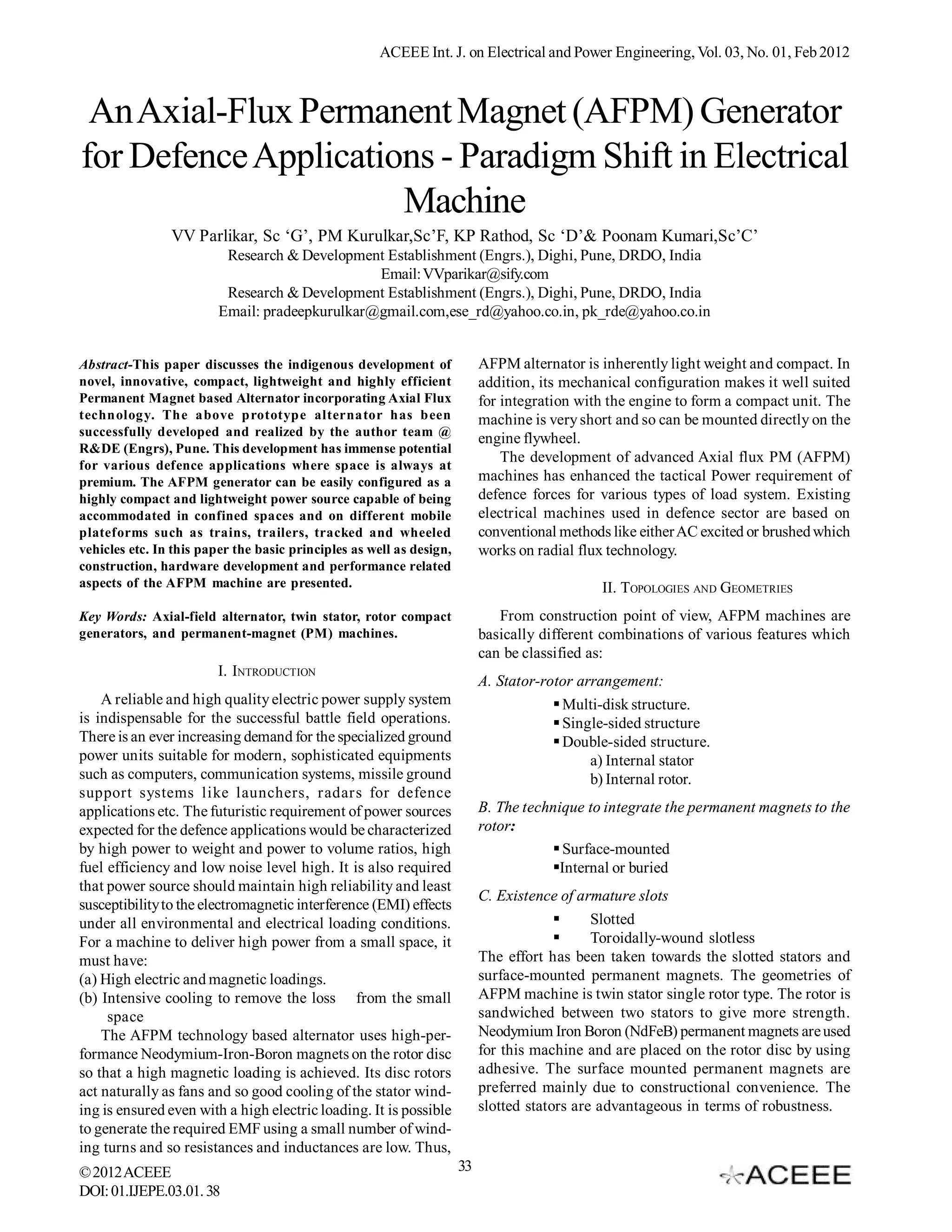 An Axial-Flux Permanent Magnet (AFPM) Generator for Defence ...
