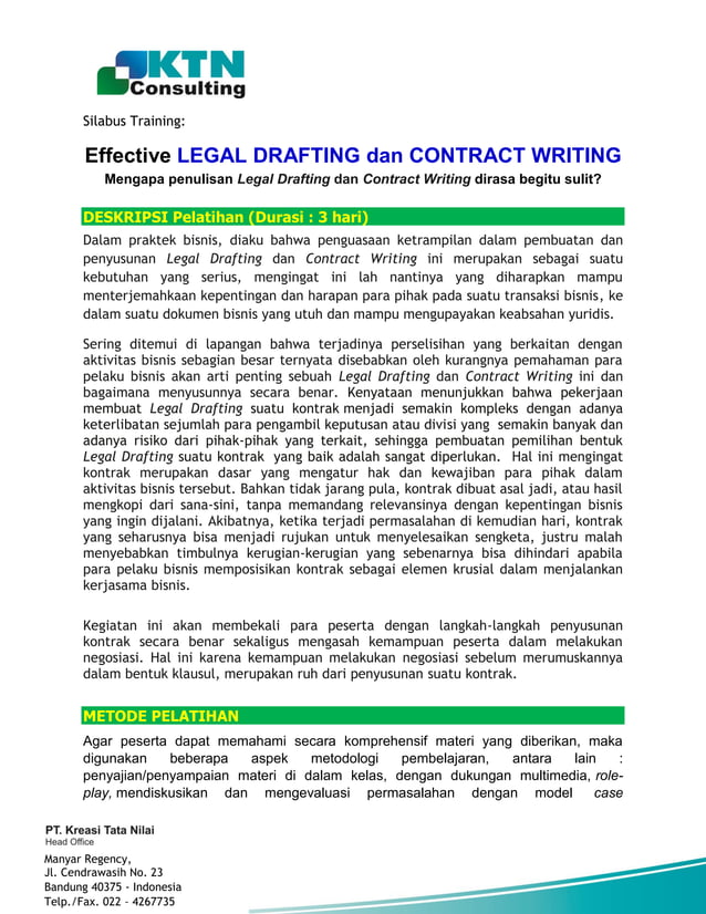 Training "Effective LEGAL DRAFTING & CONTRACT WRITING" | PDF
