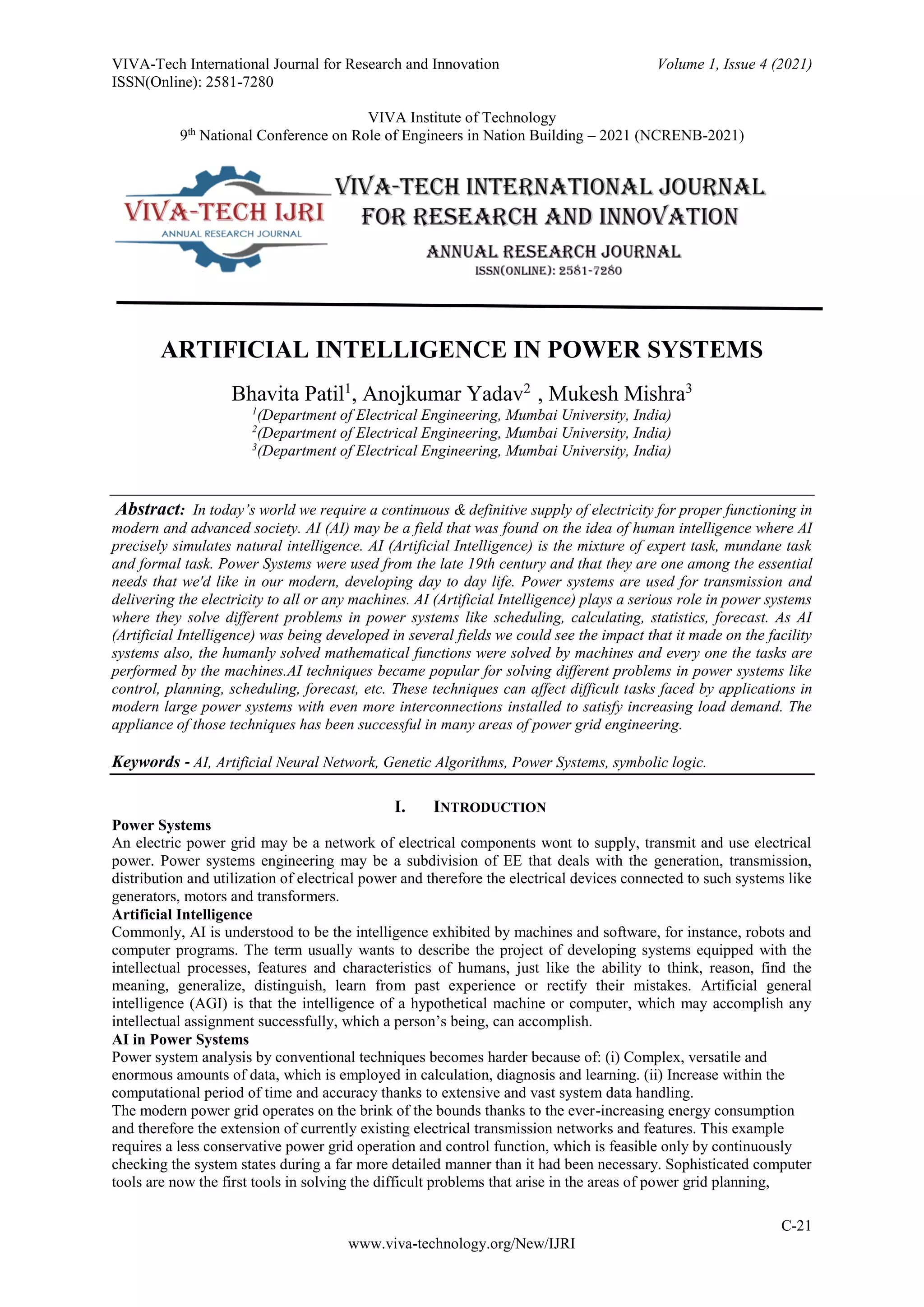 ARTIFICIAL INTELLIGENCE IN POWER SYSTEMS | PDF