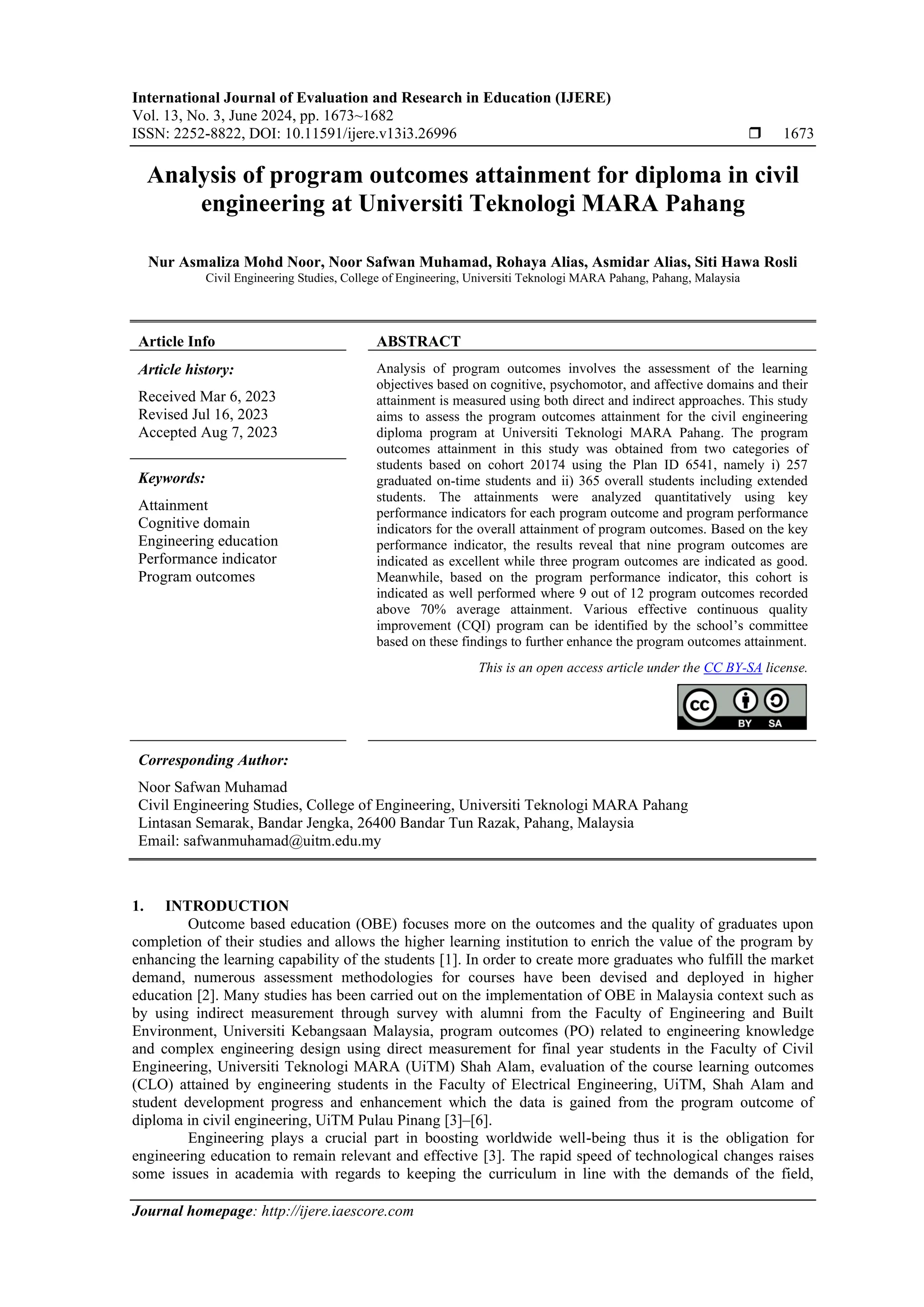 Analysis of program outcomes attainment for diploma in civil engineering at Universiti Teknologi ...