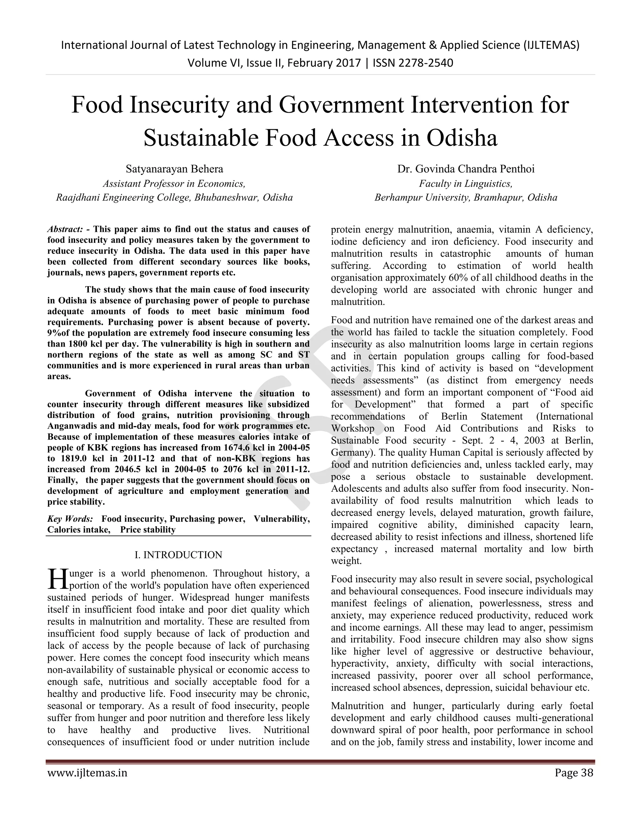 Food Insecurity and Government Intervention for Sustainable Food Access ...