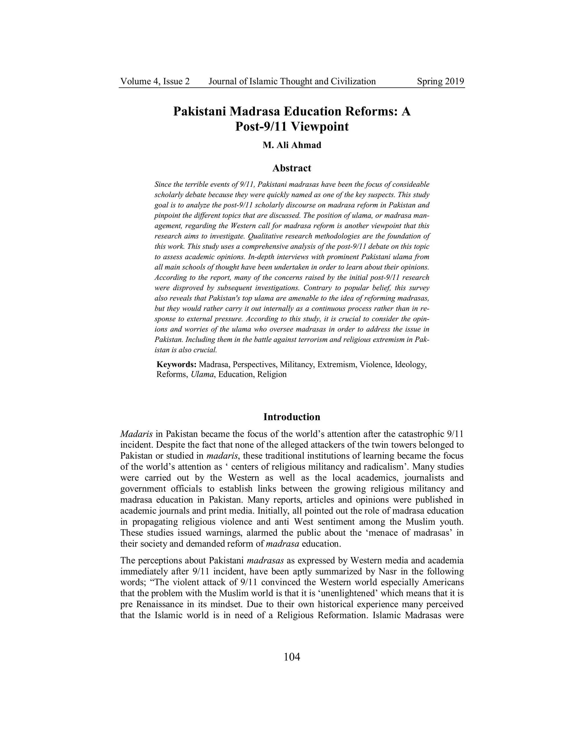 Pakistani Madrasa Education Reforms Viewpoint | PDF
