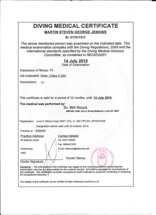 IMCA Class 2 Commercial Diving Qualifications, Martin Steven George ...