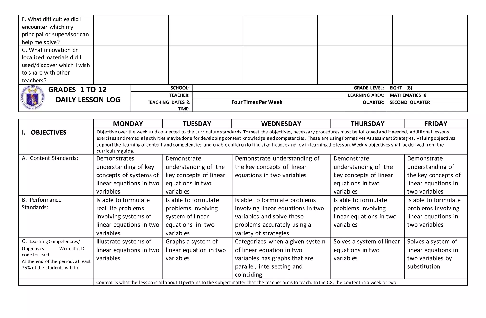DLL for grade 8 | DOCX