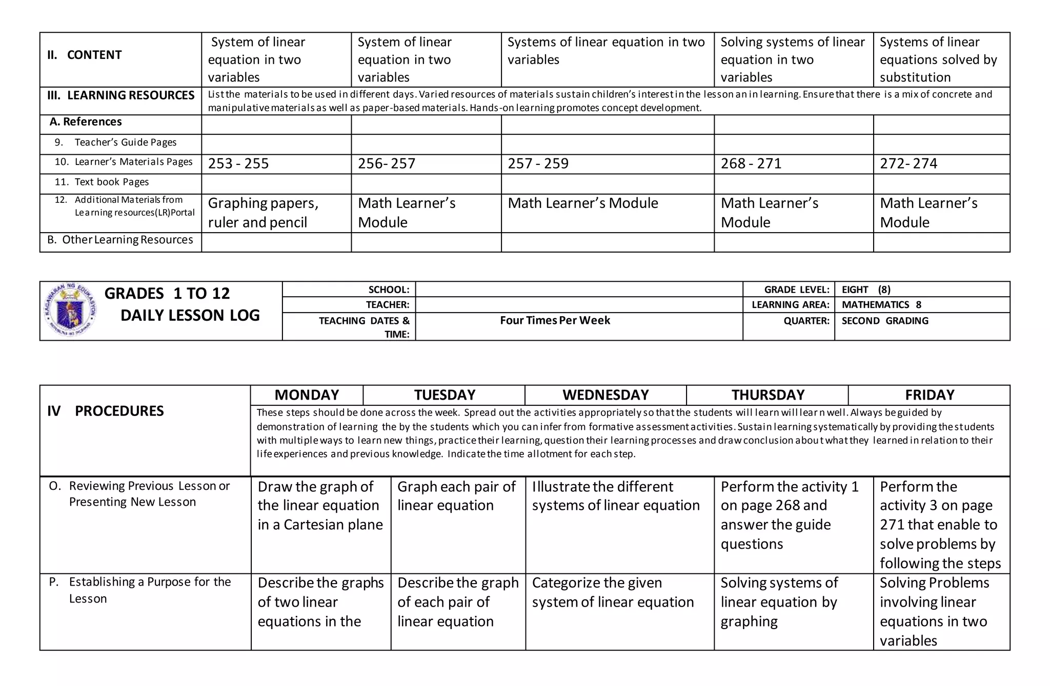 DLL for grade 8 | DOCX