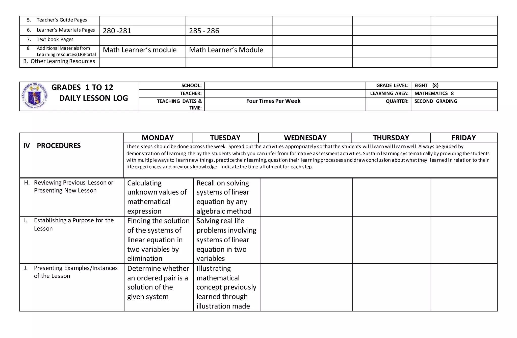 DLL for grade 8 | DOCX