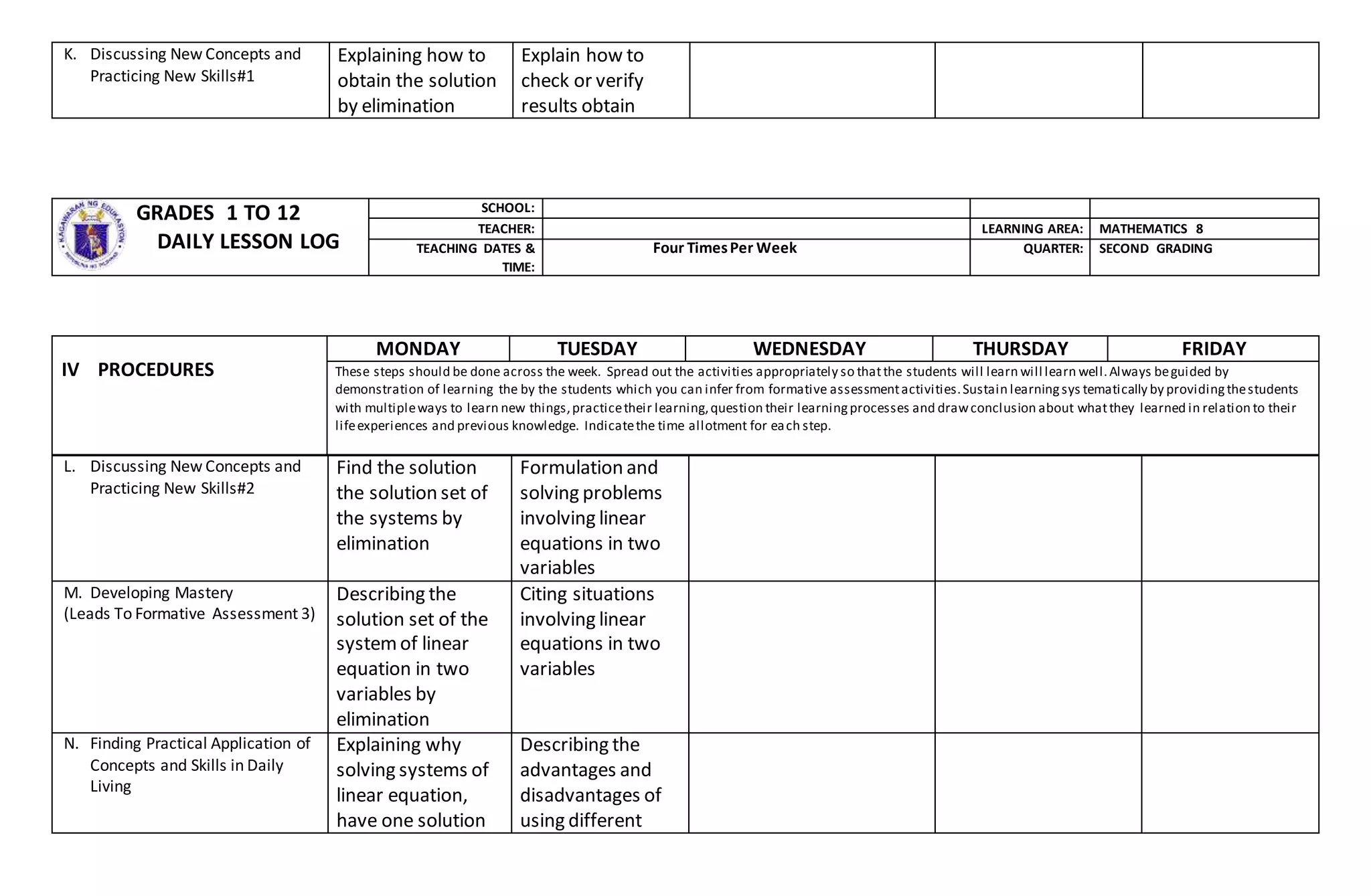 DLL for grade 8 | DOCX