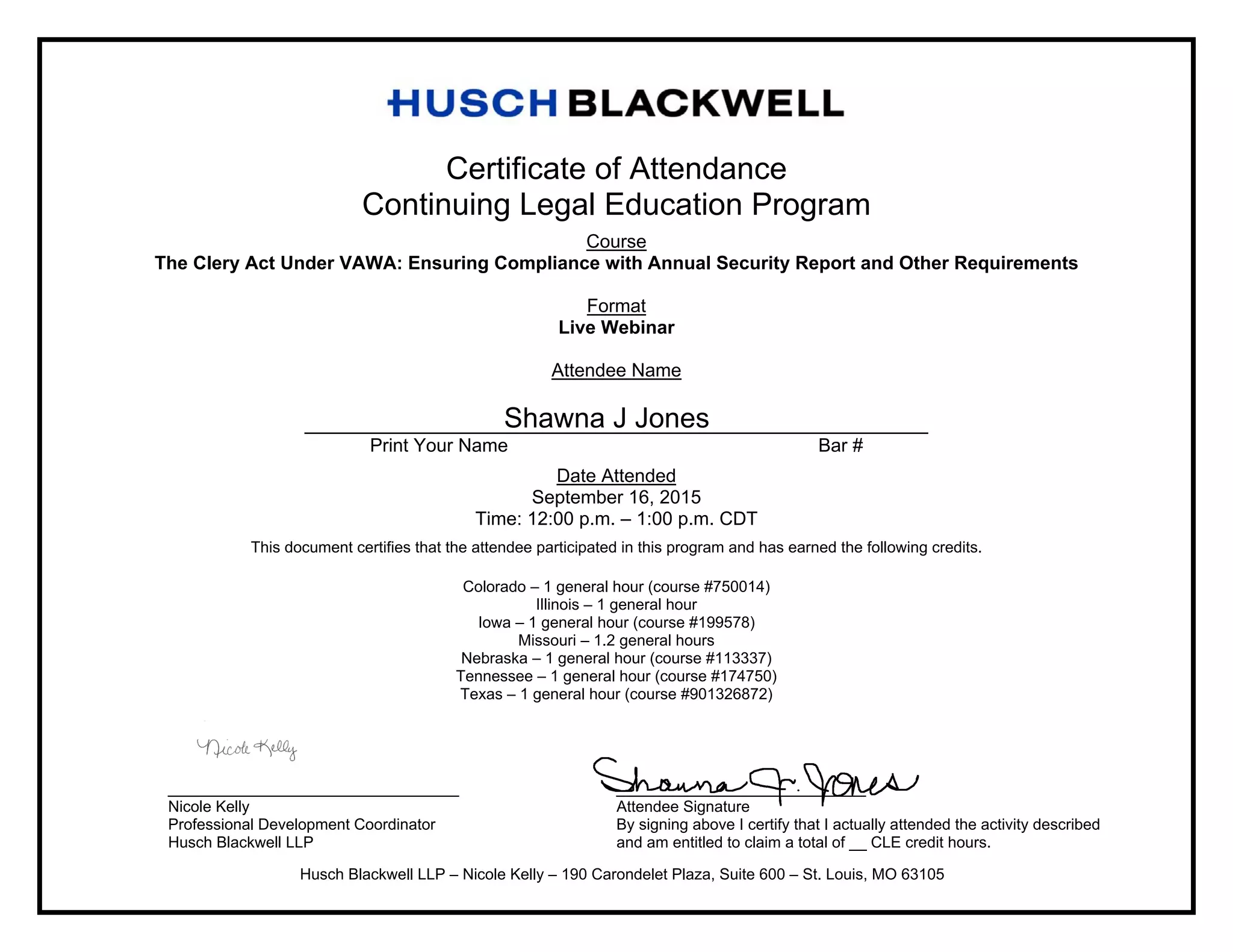 clery certificate | PDF | Legal Services Industry | Industries