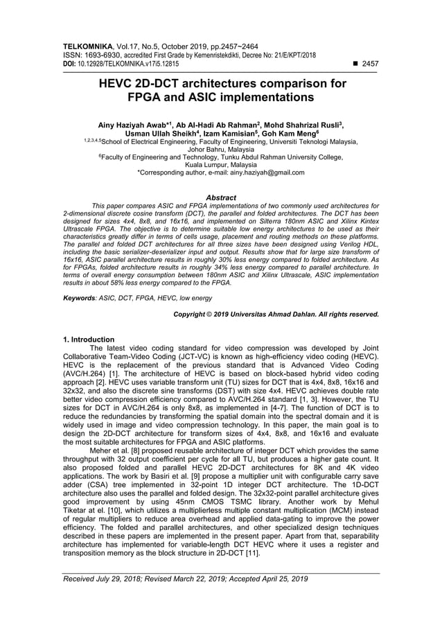 HEVC 2D-DCT architectures comparison for FPGA and ASIC implementations | PDF