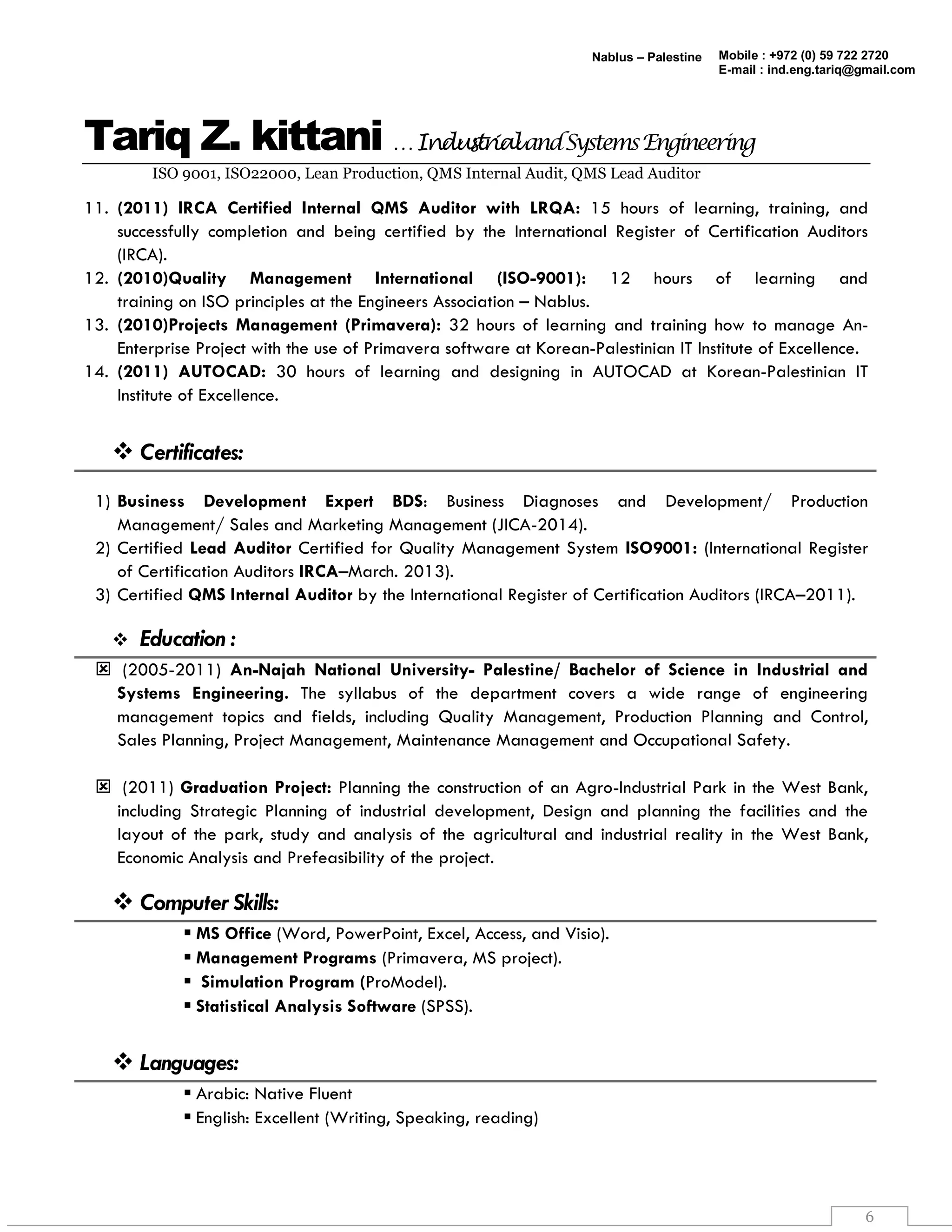 Eng. Tariq Kittani CV Dec.2014