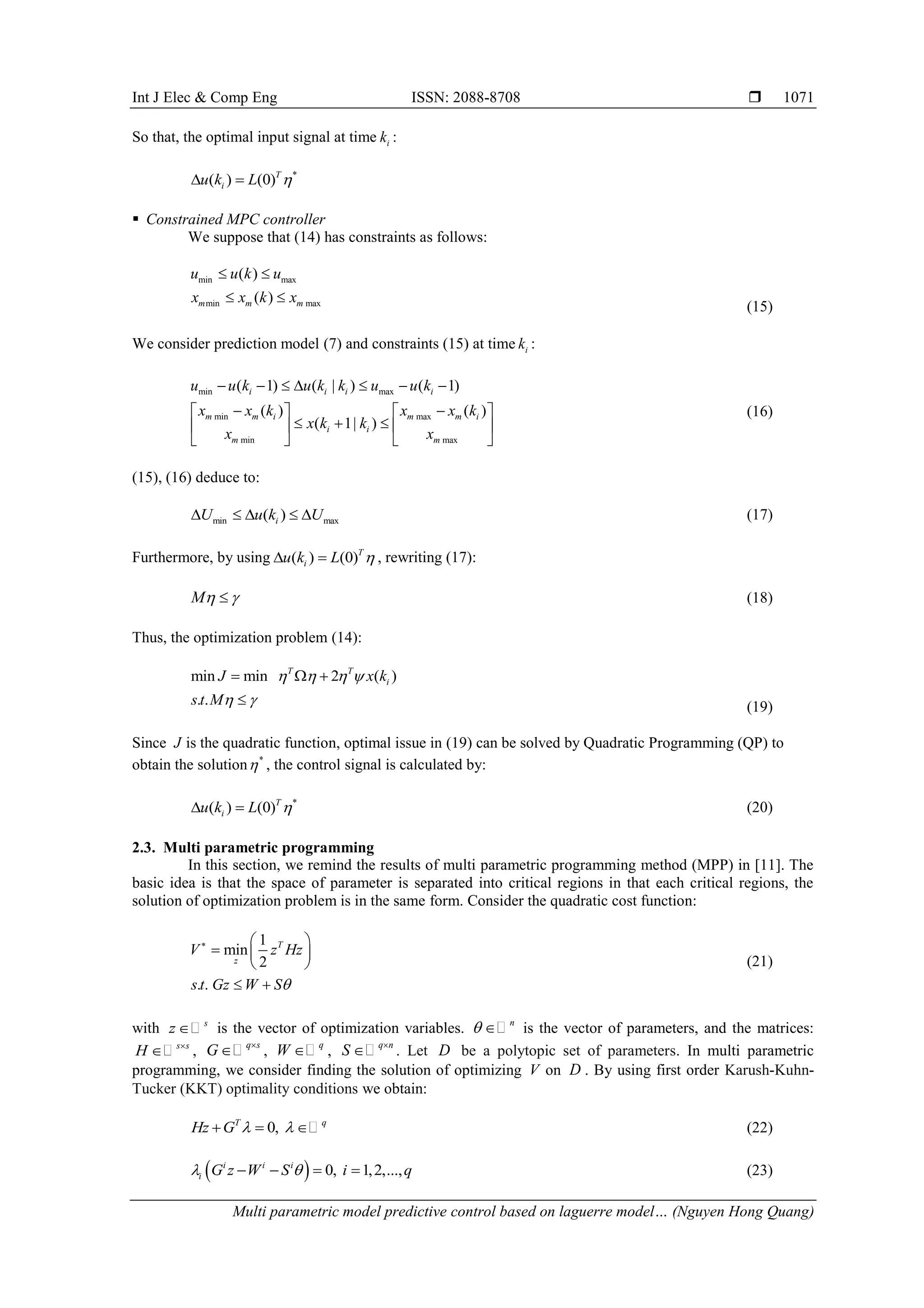 Multi parametric model predictive control based on laguerre model for permanent magnet linear ...