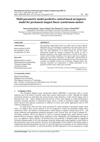 Multi parametric model predictive control based on laguerre model for permanent magnet linear ...