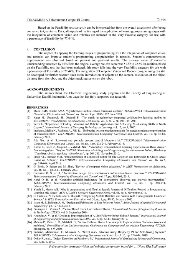 P-D controller computer vision and robotics integration based for student’s programming ...