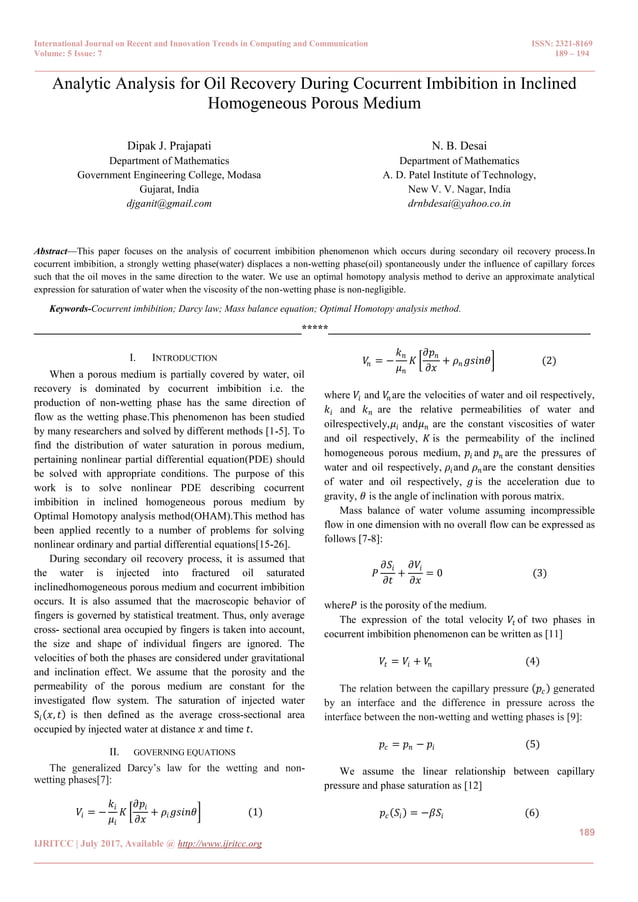 Analytic Analysis for Oil Recovery During Cocurrent Imbibition in ...