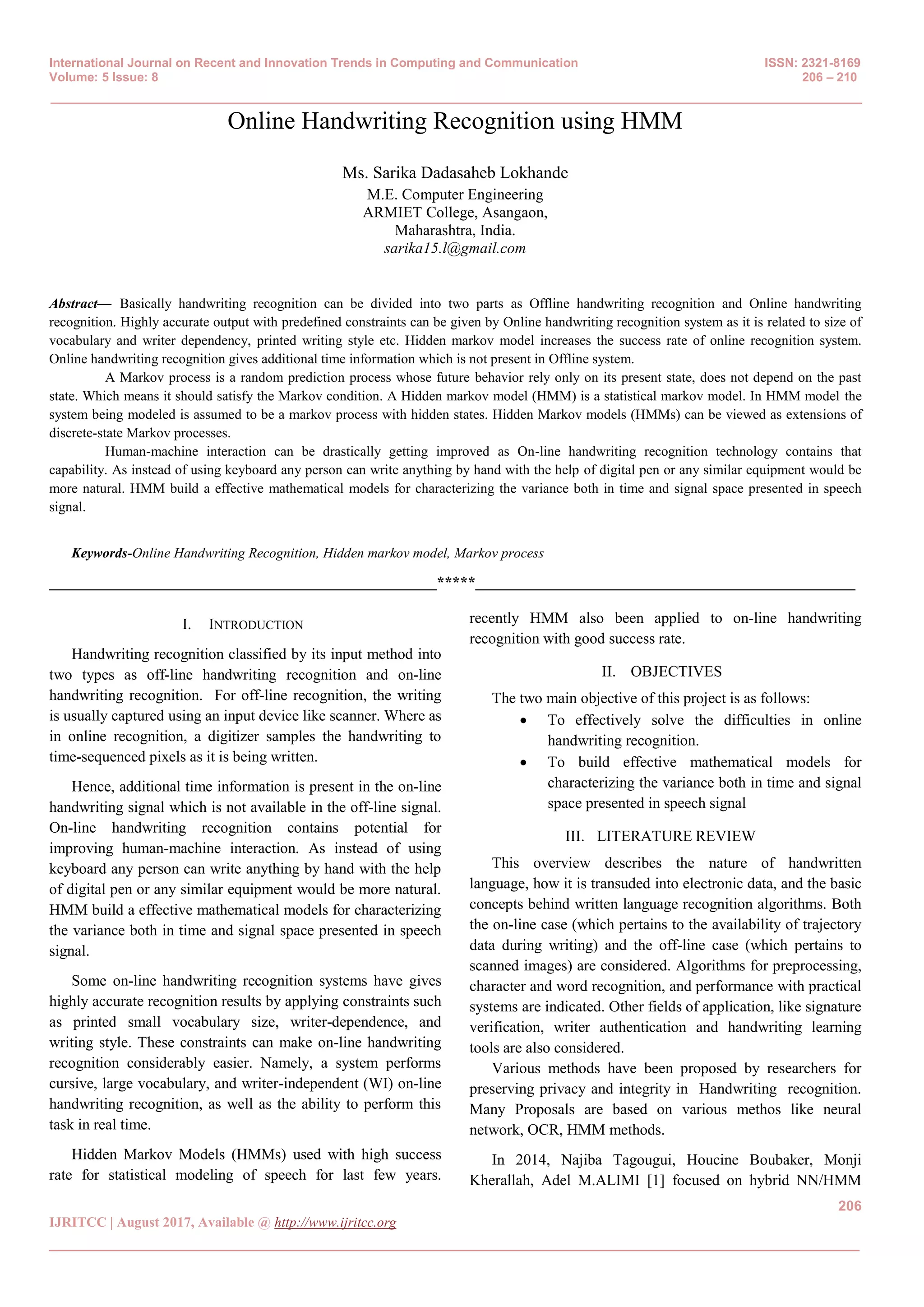 Online Handwriting Recognition using HMM | PDF