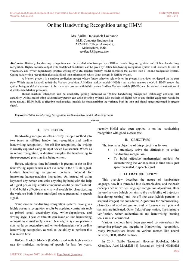Online Handwriting Recognition using HMM | PDF