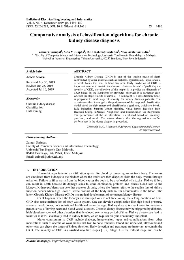 Comparative analysis of classification algorithms for chronic kidney disease diagnosis | PDF