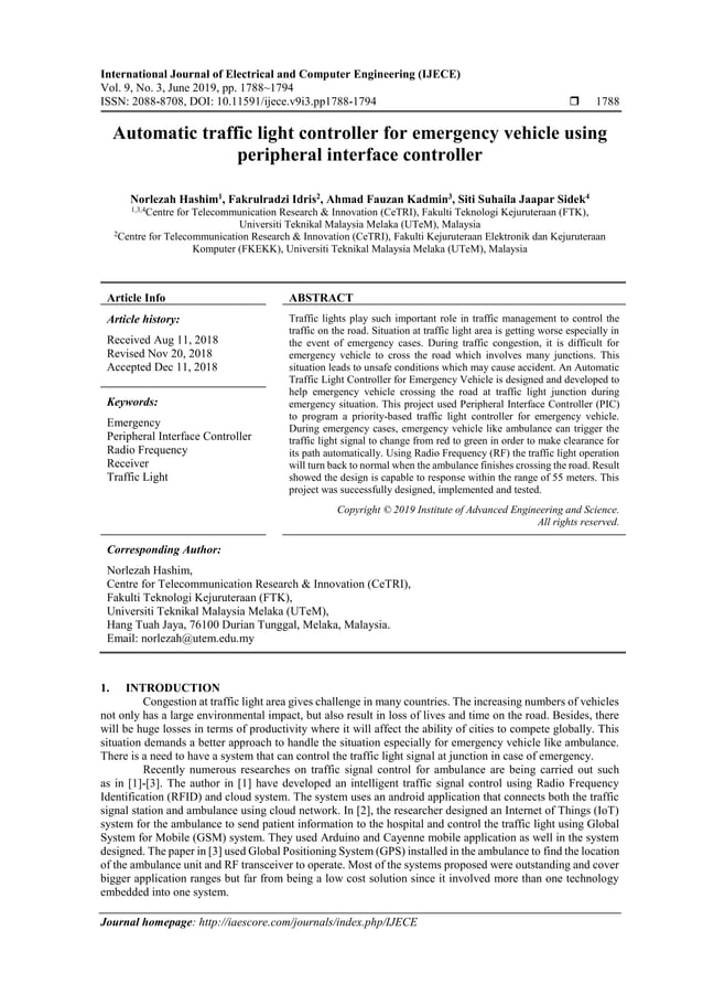 Automatic traffic light controller for emergency vehicle using peripheral interface controller ...