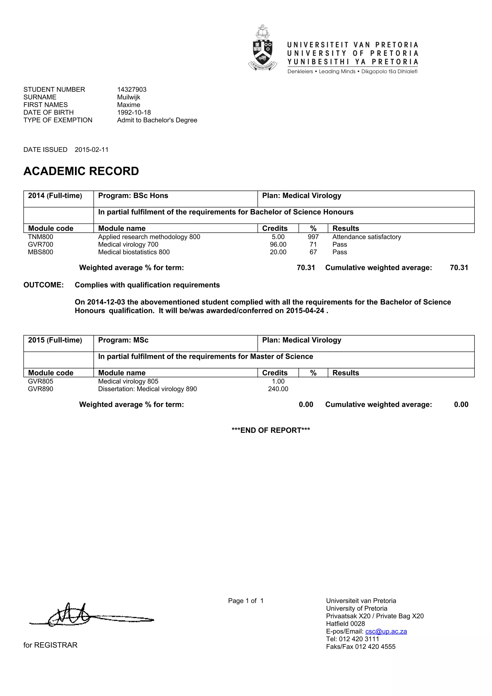 M. Muilwijk Academic Record 2014 | PDF