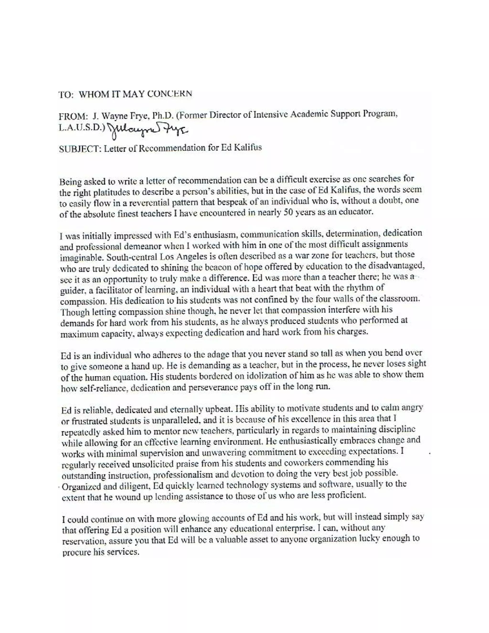 EdK Recommendation Letter from Wayne Frye | DOC