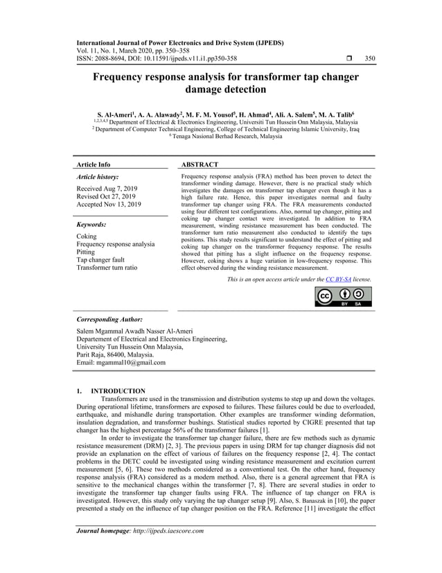 Frequency response analysis for transformer tap changer damage detection | PDF