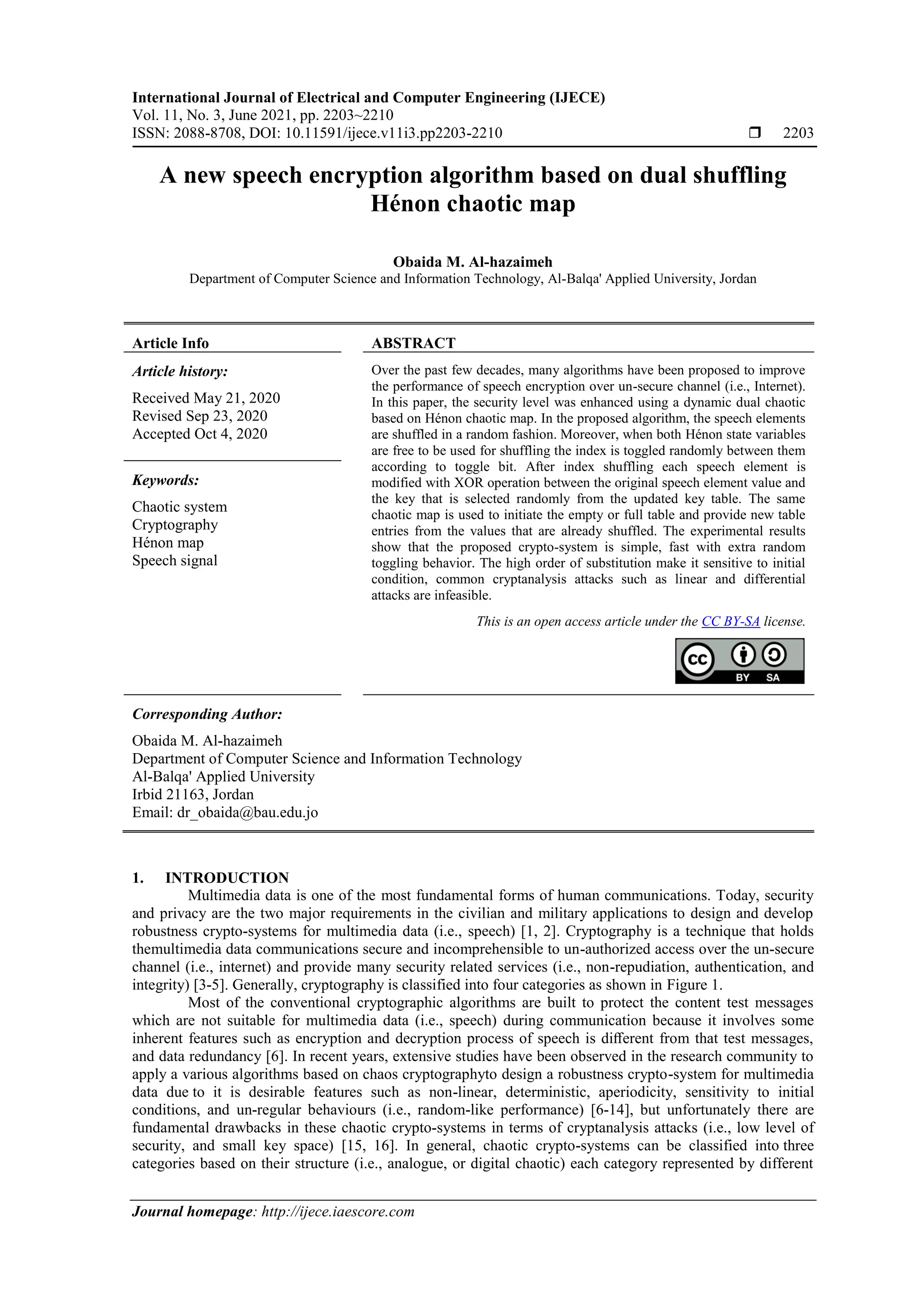A new speech encryption algorithm based on dual shuffling Hénon chaotic map | PDF