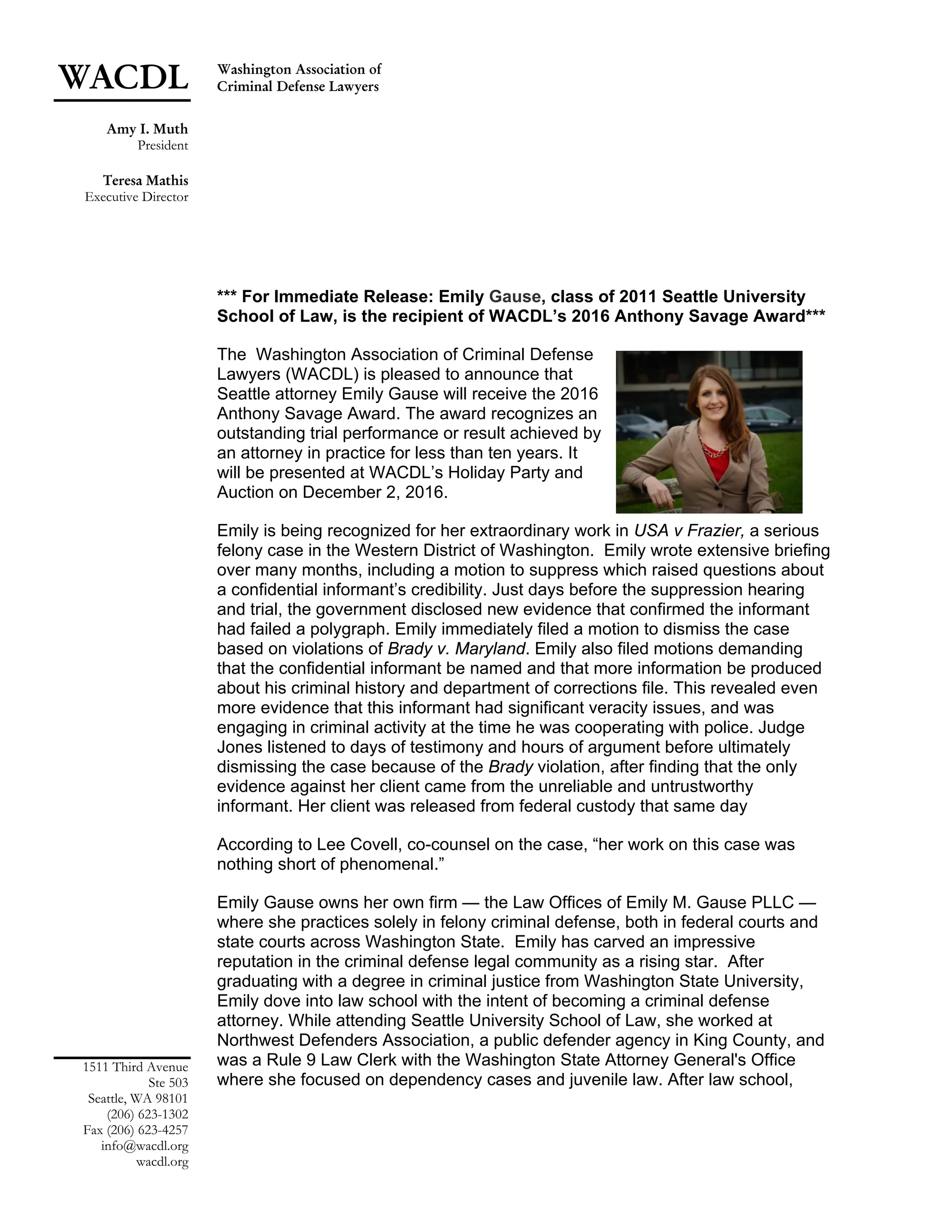 Emily Gause Press Release Tony Savage Award 2016 | PDF