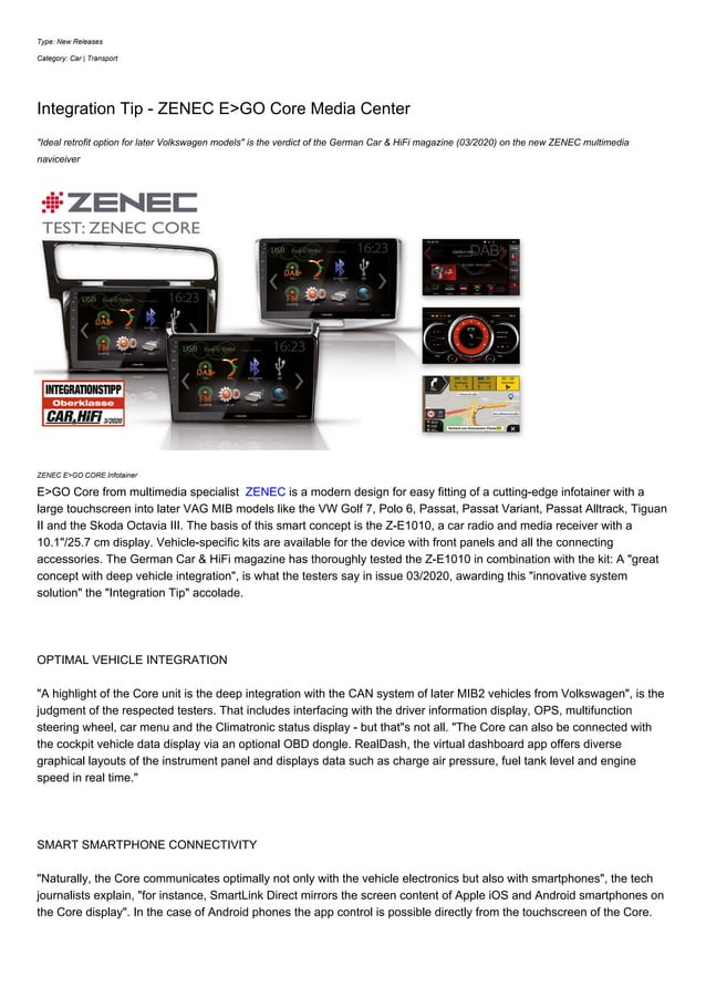 Integration Tip - ZENEC E>GO Core Media Center | PDF