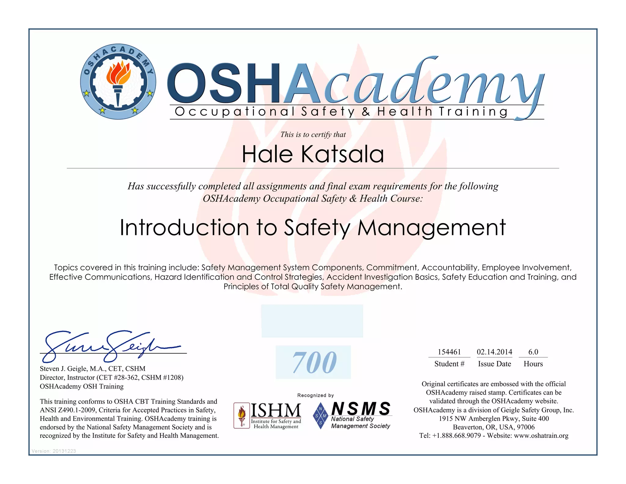 safety training OSH Mannagement | PDF