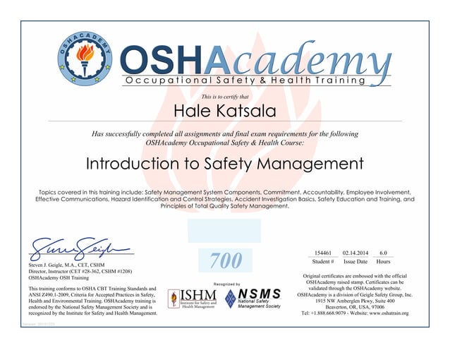 safety training OSH Mannagement | PDF