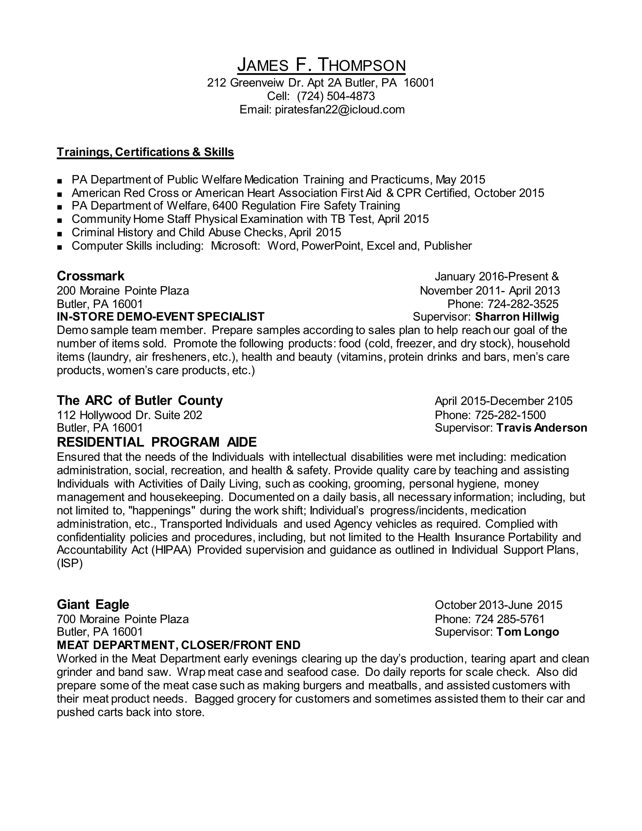 Resume James F. Thompson - January 2016 | PDF