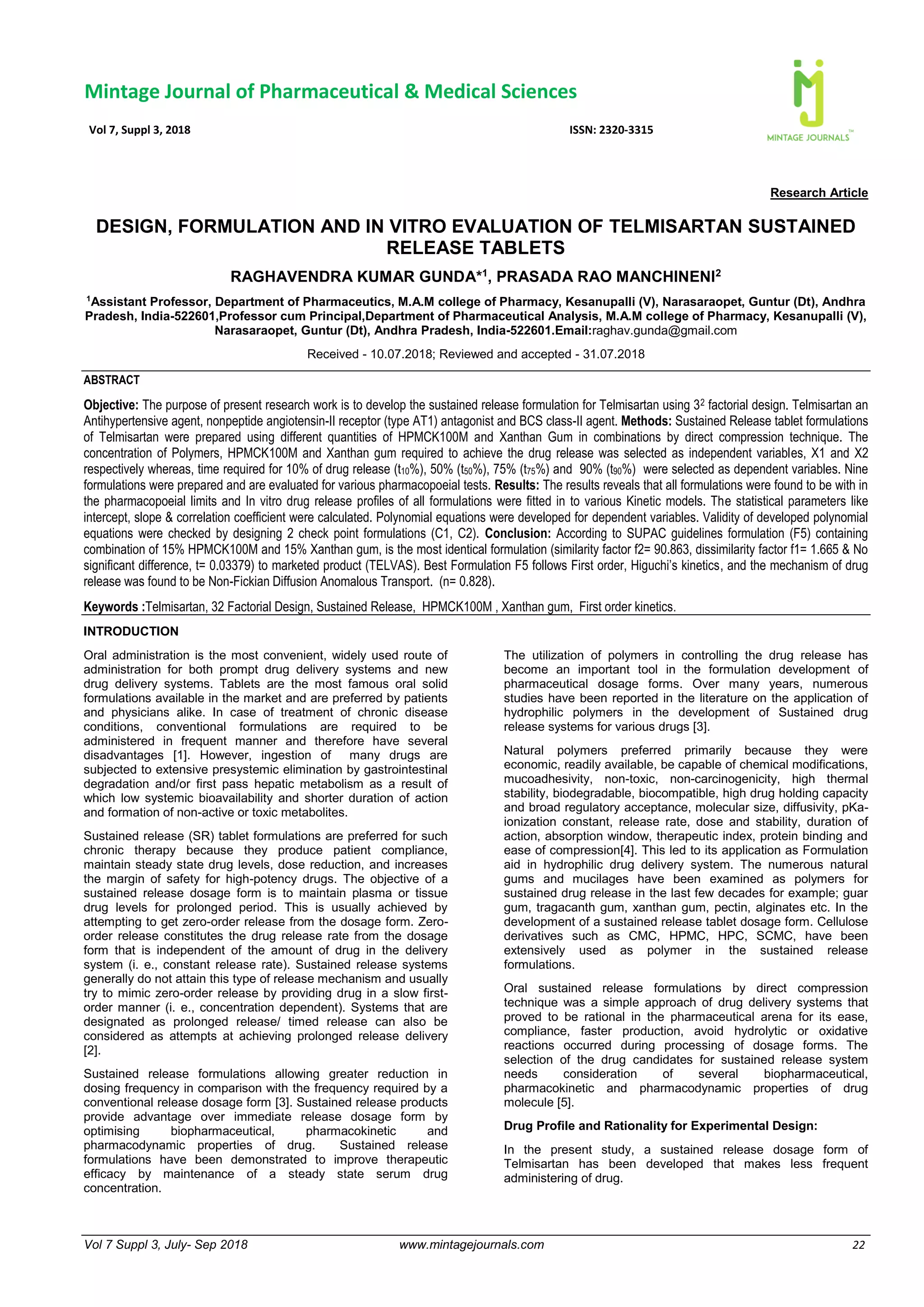 DESIGN, FORMULATION AND IN VITRO EVALUATION OF TELMISARTAN SUSTAINED ...