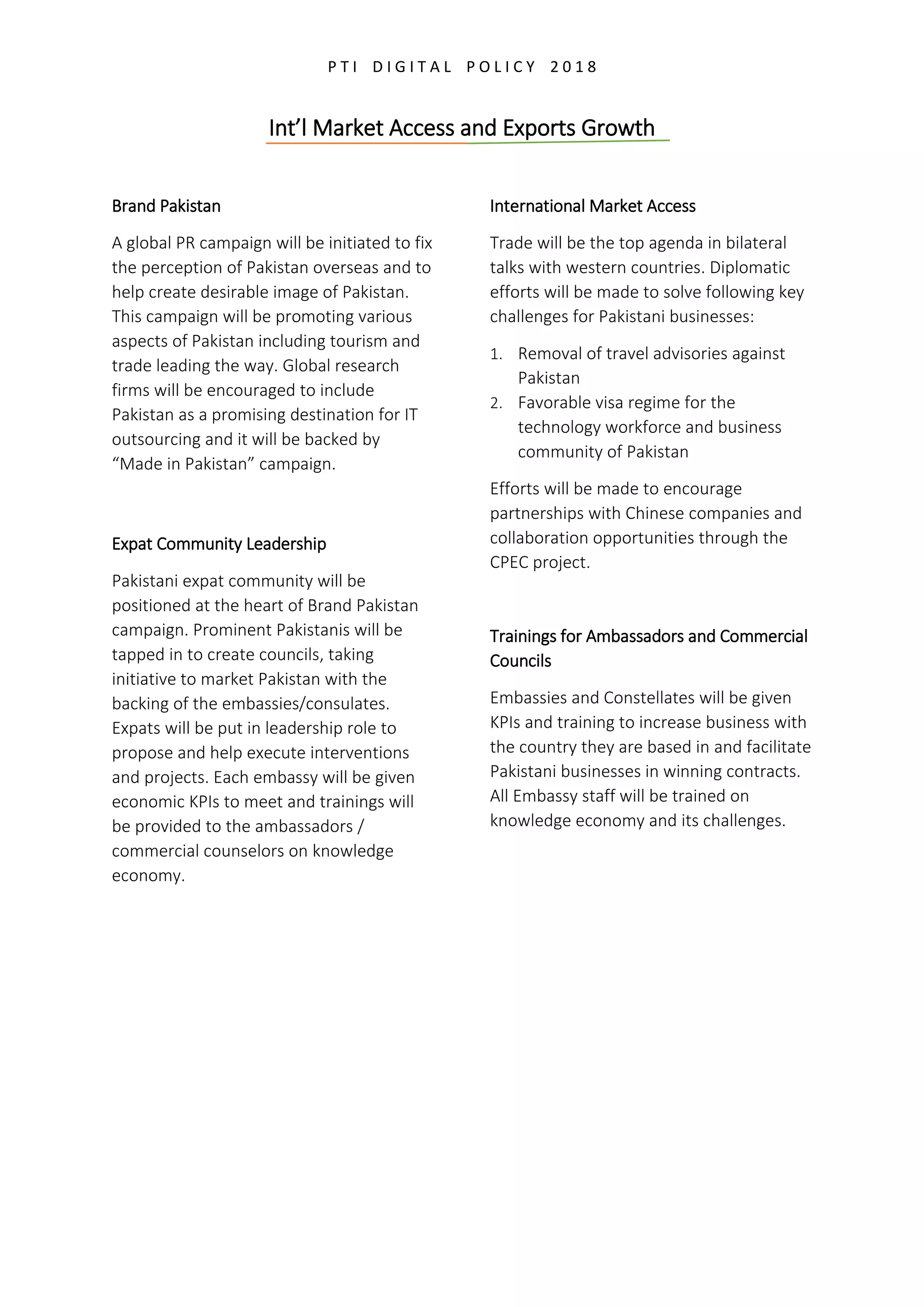 PAKISTAN TEHREEK-E-INSAF - PTI - DIGITAL POLICY 2018 | PDF