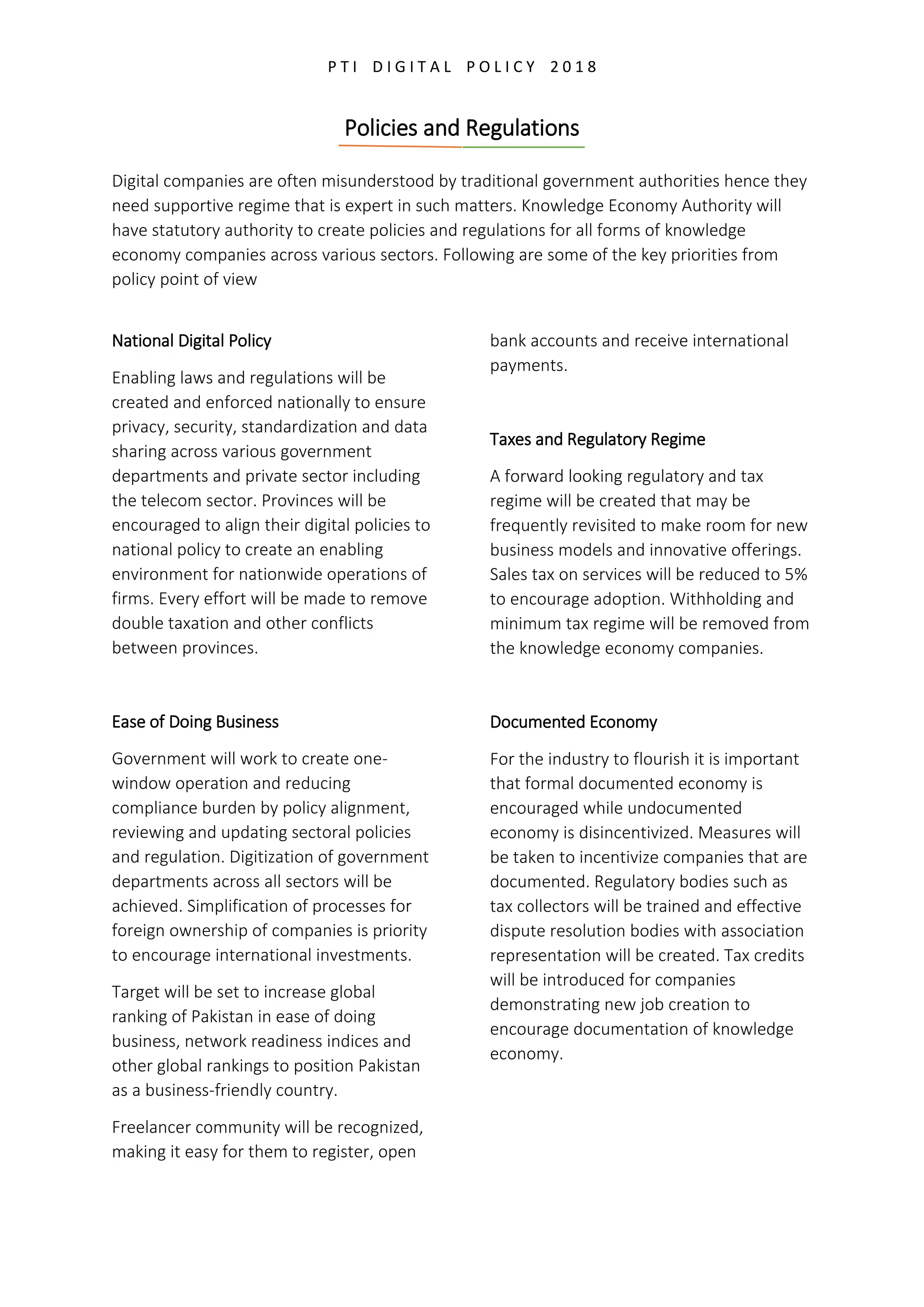 PAKISTAN TEHREEK-E-INSAF - PTI - DIGITAL POLICY 2018 | PDF