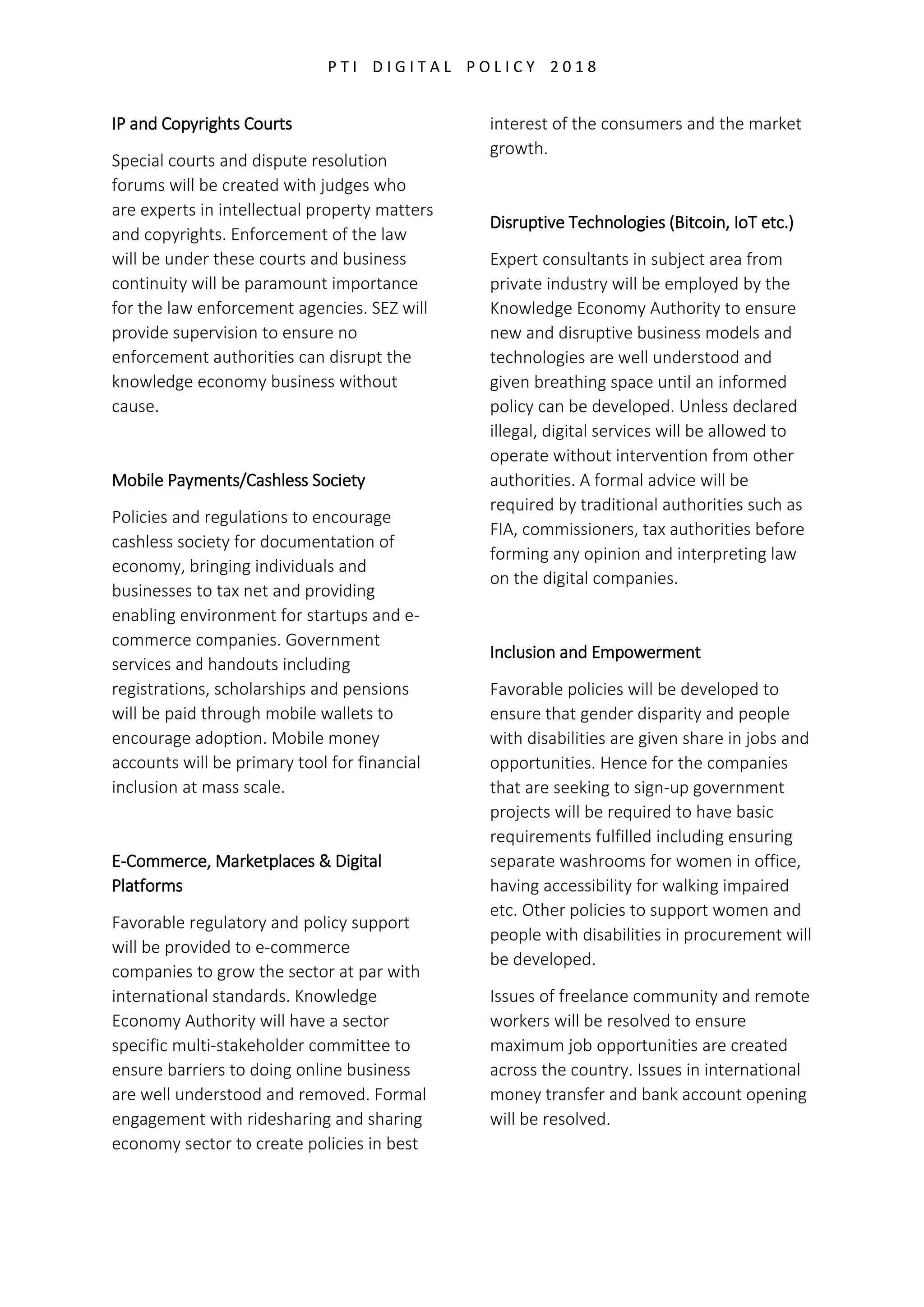 PAKISTAN TEHREEK-E-INSAF - PTI - DIGITAL POLICY 2018 | PDF