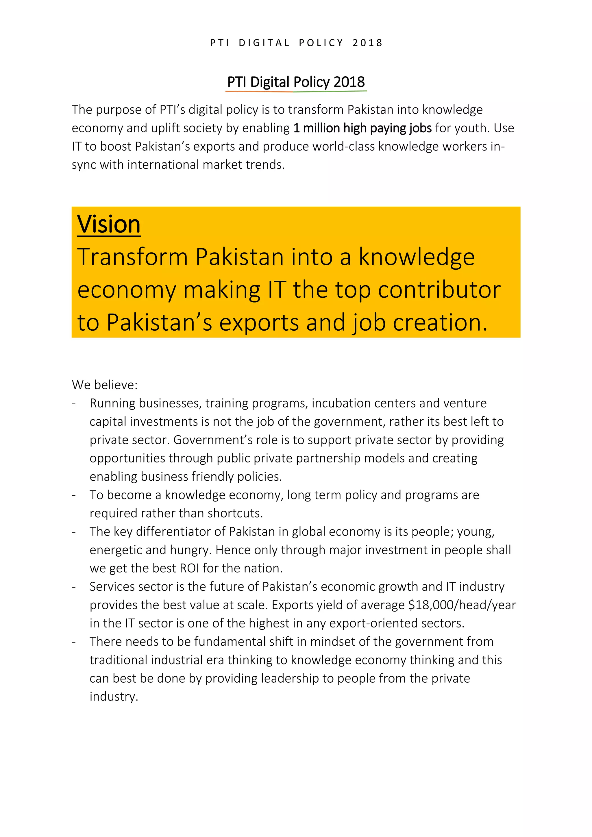 PAKISTAN TEHREEK-E-INSAF - PTI - DIGITAL POLICY 2018 | PDF