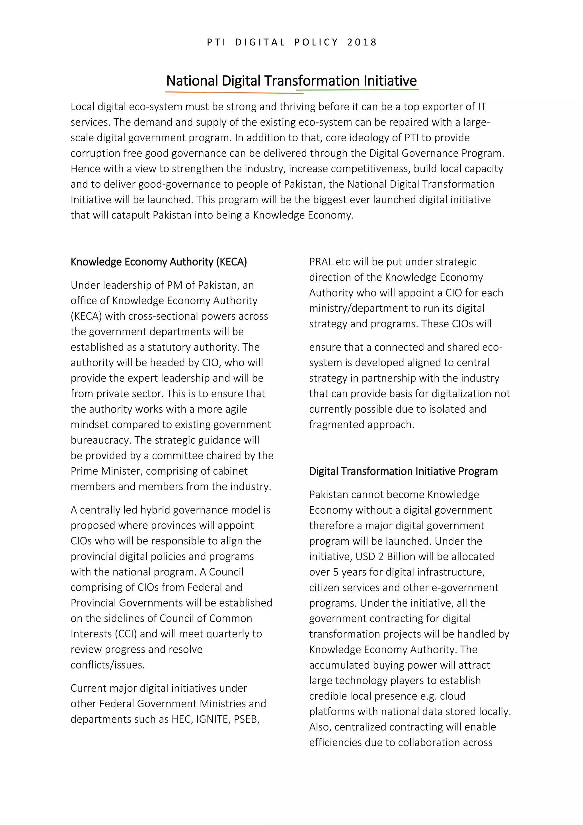 PAKISTAN TEHREEK-E-INSAF - PTI - DIGITAL POLICY 2018 | PDF