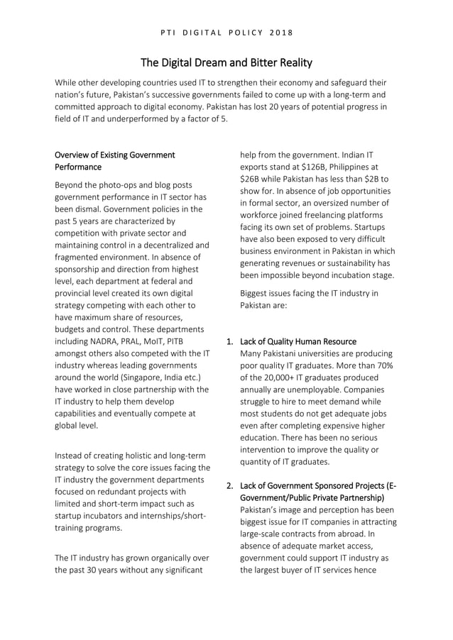 PAKISTAN TEHREEK-E-INSAF - PTI - DIGITAL POLICY 2018 | PDF