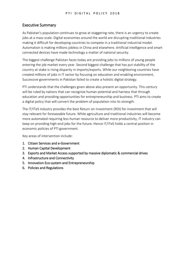 PAKISTAN TEHREEK-E-INSAF - PTI - DIGITAL POLICY 2018 | PDF
