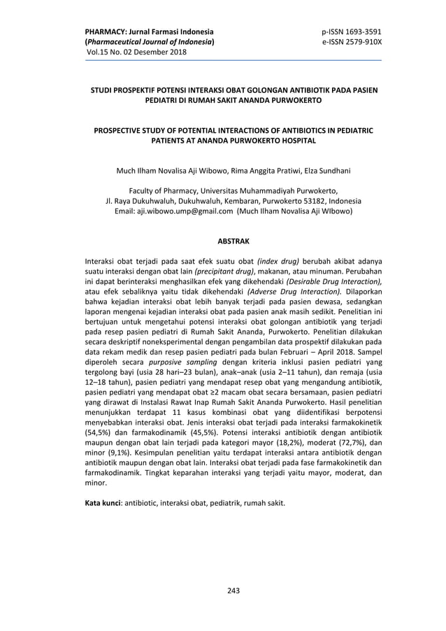STUDI PROSPEKTIF POTENSI INTERAKSI OBAT GOLONGAN ANTIBIOTIK PADA PASIEN PEDIATRI DI RUMAH SAKIT ...