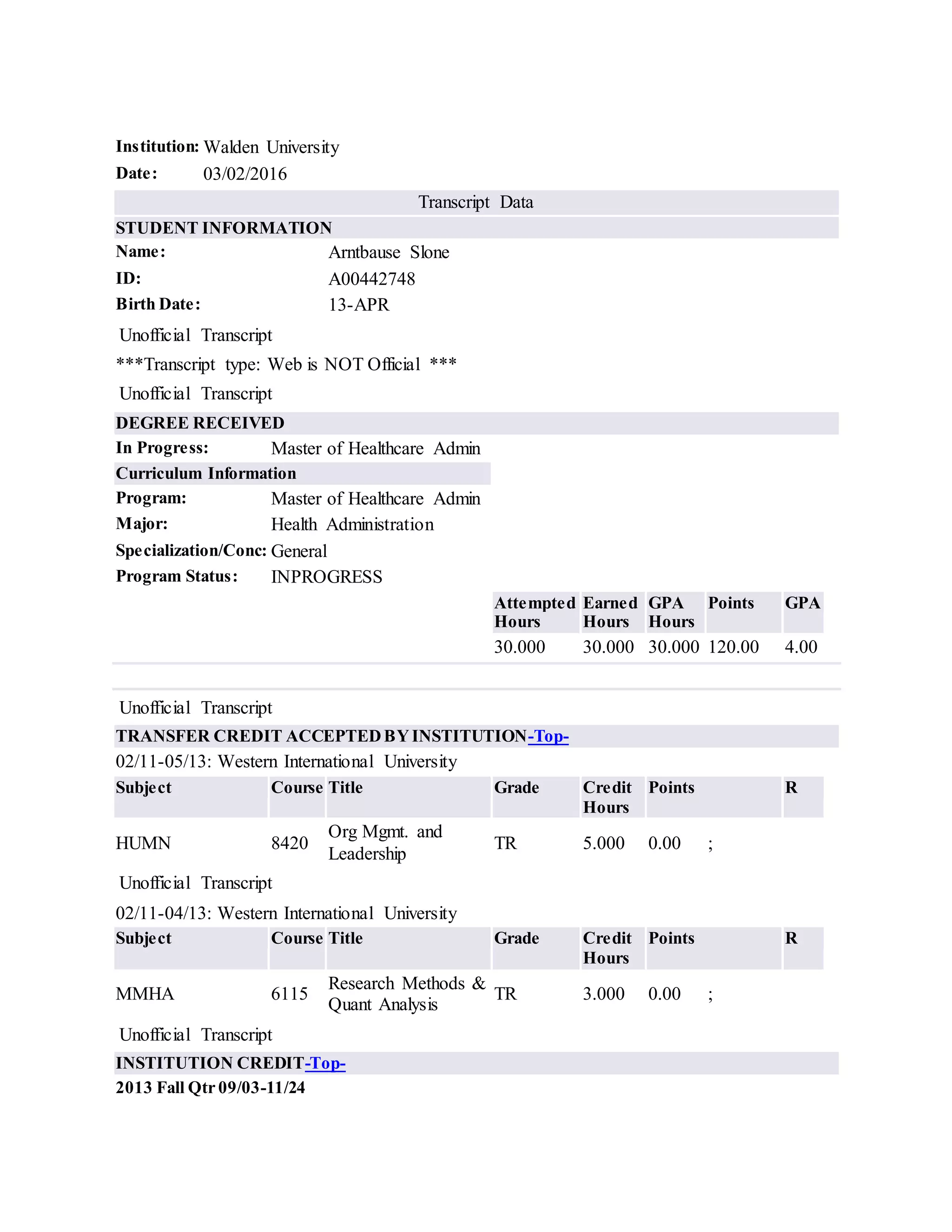 Unofficial Transcript Arntbause G. Slone MHA | PDF
