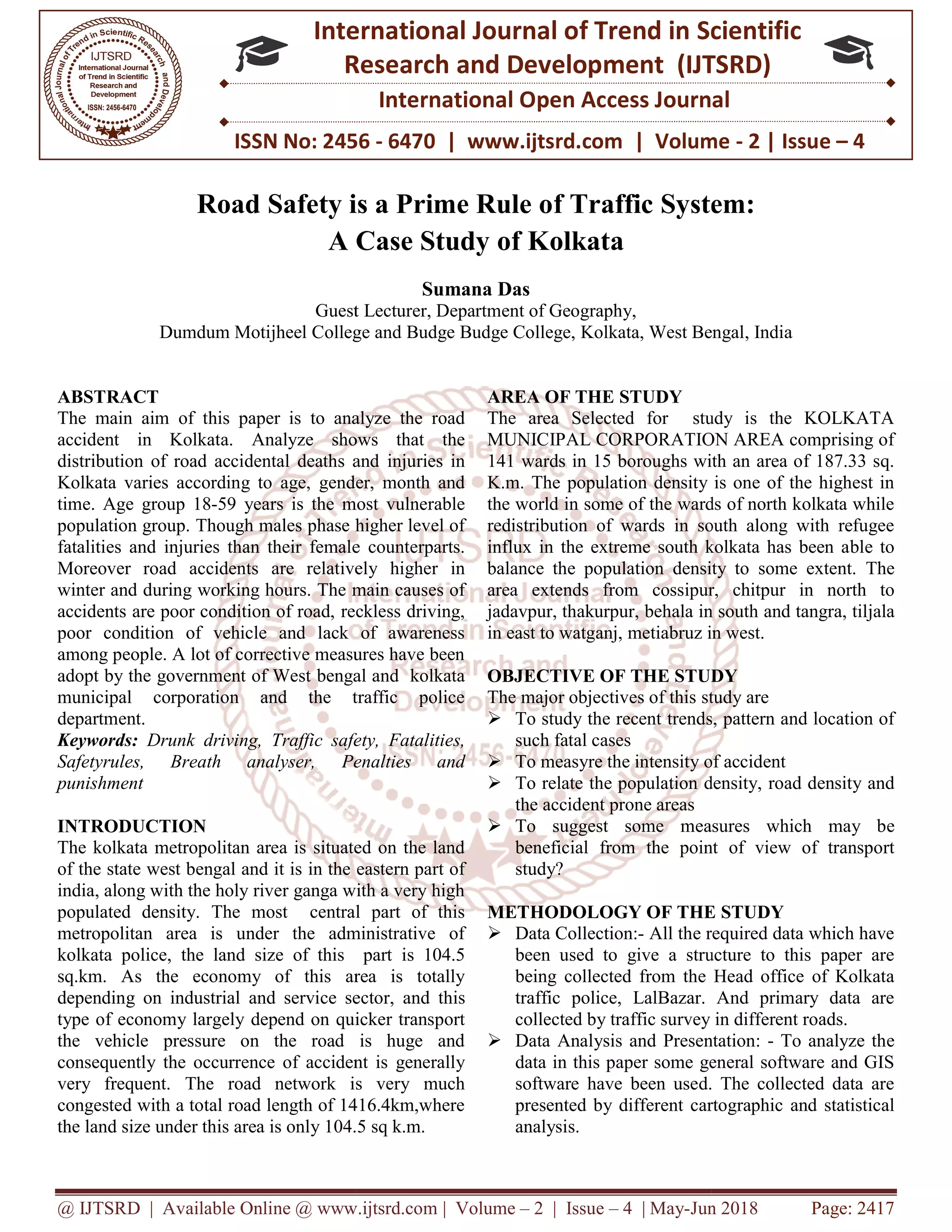 Road Safety is a Prime Rule of Traffic System: A Case Study of Kolkata | PDF