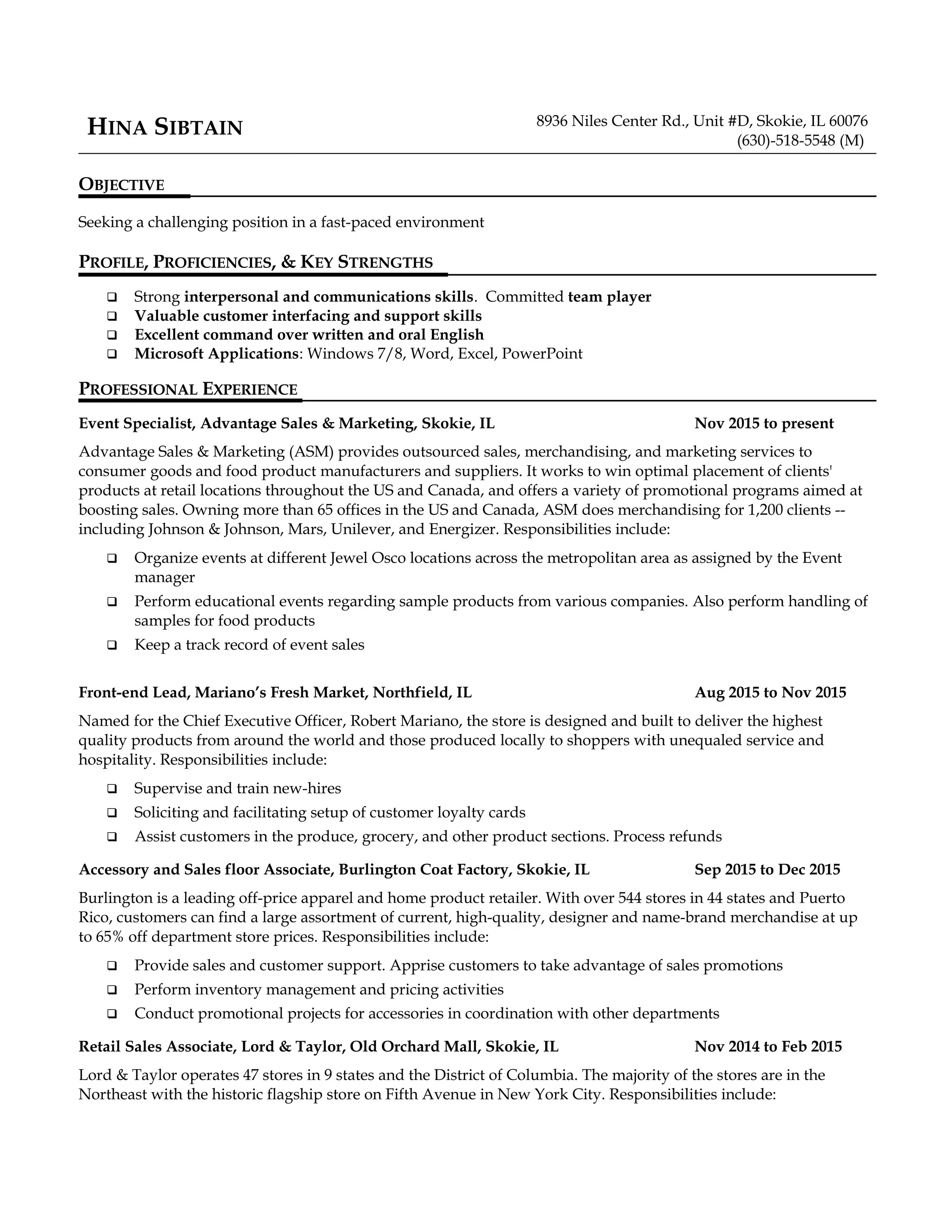Hina-Resume-final3 (2) | DOC | Sales | Business