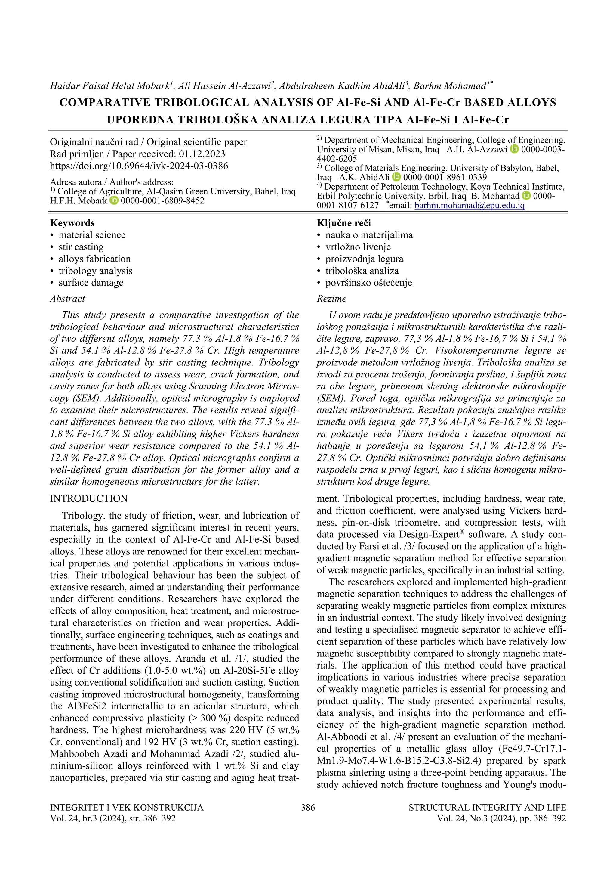 Comparative tribological analysis of Al-Fe-Si and Al-Fe-Cr based alloys | PDF